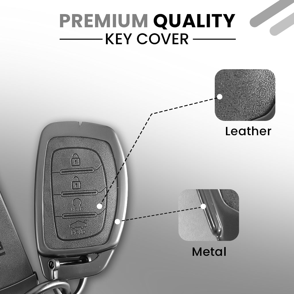 Metal Leather Car Key Cover Compatible With Creta, Venue, i20 Tucson ...