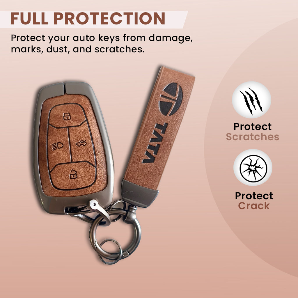 Metal Leather Car Key Cover For TATA Punch, Tiago, Altroz, Nexon, Harr ...