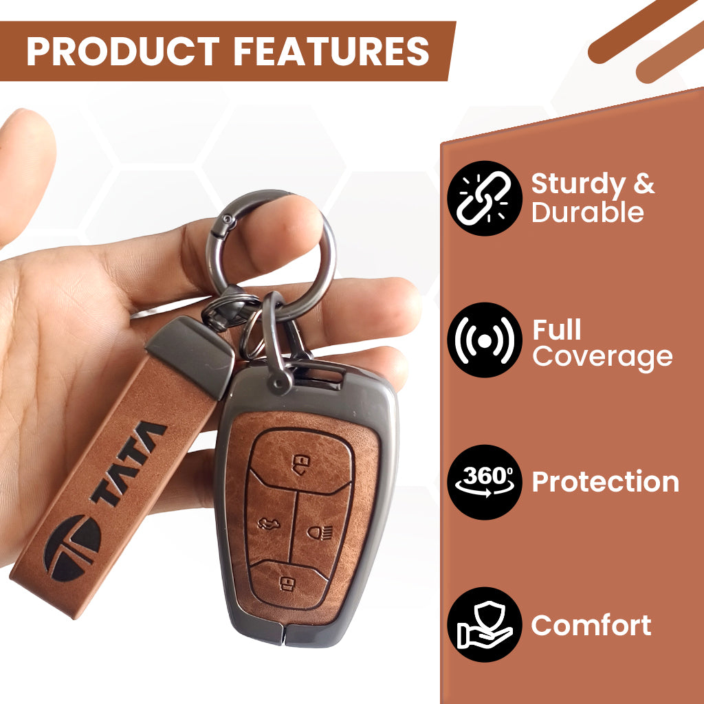 Metal Leather Car Key Cover For TATA Punch, Tiago, Altroz, Nexon, Harr ...